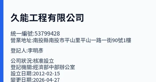 久能工程有限公司的照片-統編 53799428(南投縣) 公司登記資料與營業項目詳細圖表
