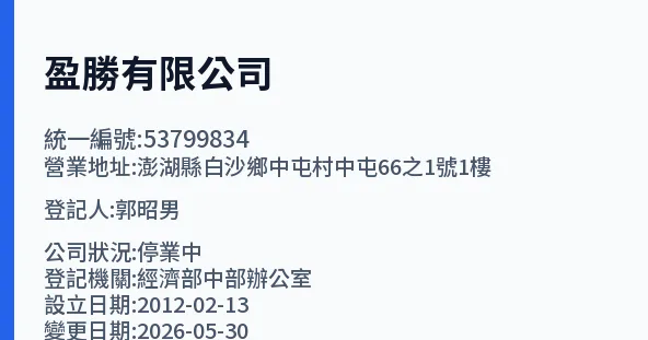 盈勝有限公司的照片-統編 53799834(澎湖縣) 公司登記資料與營業項目詳細圖表