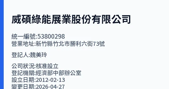 威碩綠能展業股份有限公司的照片-統編 53800298(新竹縣) 公司登記資料與營業項目詳細圖表