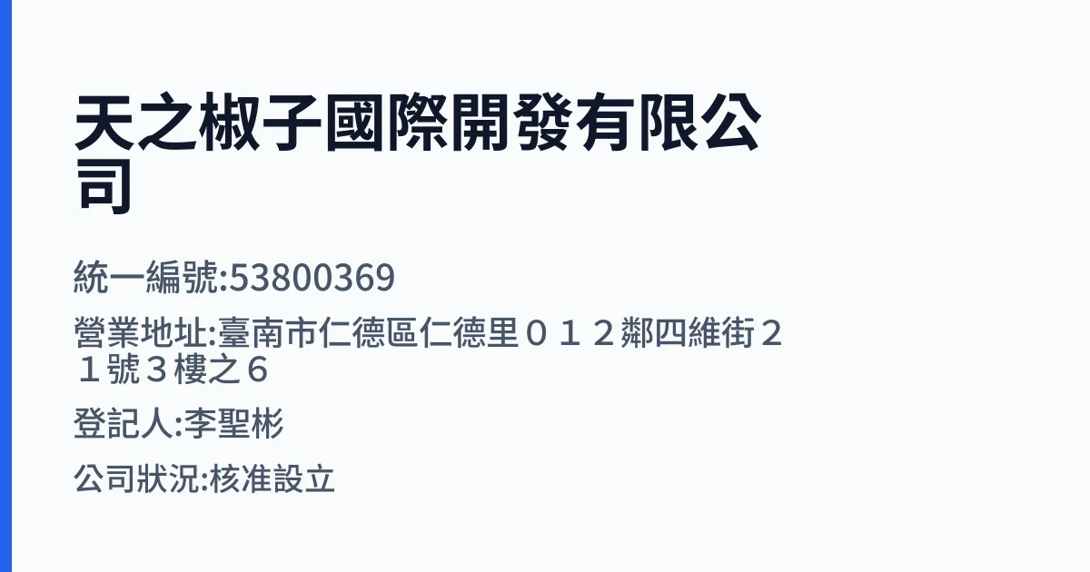 天之椒子國際開發有限公司 - 統編 53800369(臺南市) 公司登記資料與營業項目詳細圖表