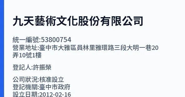 九天藝術文化股份有限公司的照片-統編 53800754(臺中市) 公司登記資料與營業項目詳細圖表