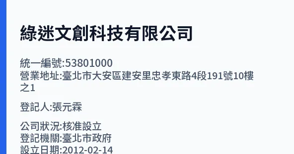 綠迷文創科技有限公司的照片-統編 53801000(臺北市) 公司登記資料與營業項目詳細圖表