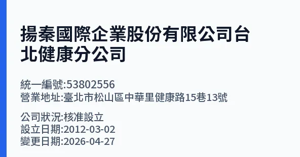 揚秦國際企業股份有限公司台北健康分公司的照片-統編 53802556(臺北市) 公司登記資料與營業項目詳細圖表