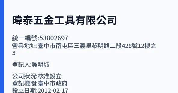 暐泰五金工具有限公司的照片-統編 53802697(臺中市) 公司登記資料與營業項目詳細圖表