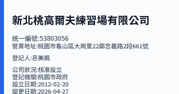 新北桃高爾夫練習場有限公司的照片-統編 53803056(桃園市) 公司登記資料與營業項目詳細圖表