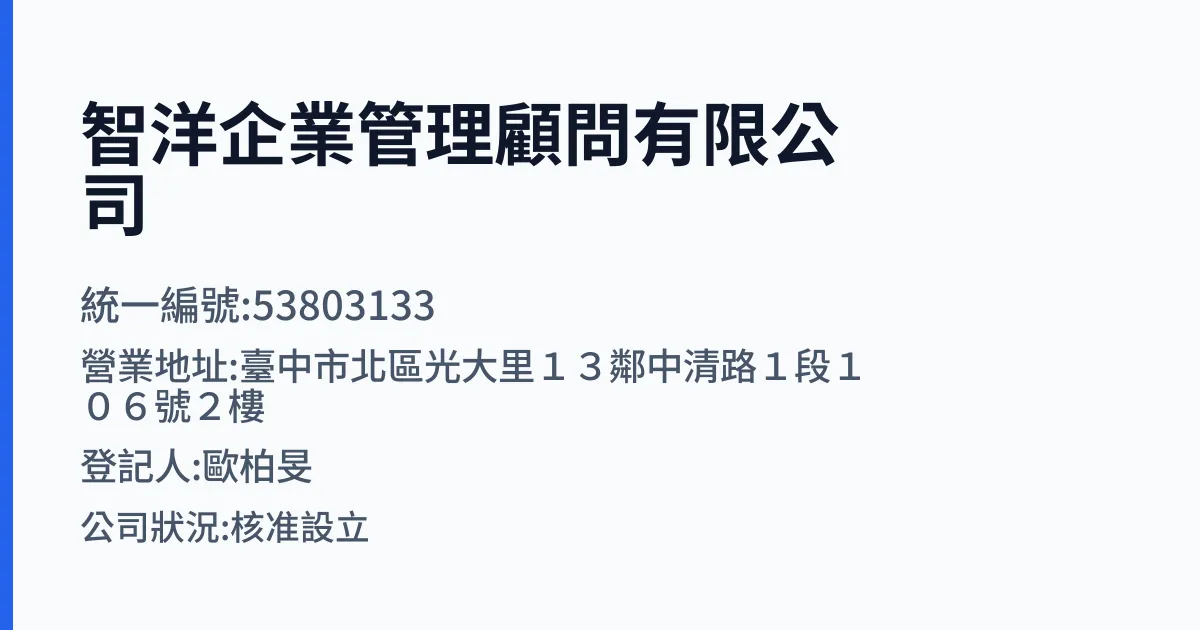 智洋企業管理顧問有限公司 - 統編 53803133(臺中市) 公司登記資料與營業項目詳細圖表