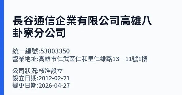 長谷通信企業有限公司高雄八卦寮分公司的照片-統編 53803350(高雄市) 公司登記資料與營業項目詳細圖表
