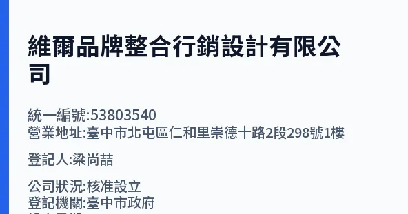 維爾品牌整合行銷設計有限公司的照片-統編 53803540(臺中市) 公司登記資料與營業項目詳細圖表