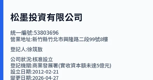 松墨投資有限公司的照片-統編 53803696(新竹縣) 公司登記資料與營業項目詳細圖表