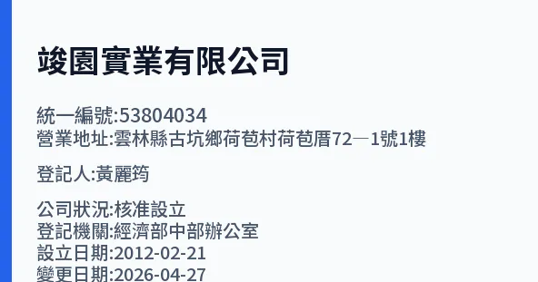 竣園實業有限公司的照片-統編 53804034(雲林縣) 公司登記資料與營業項目詳細圖表