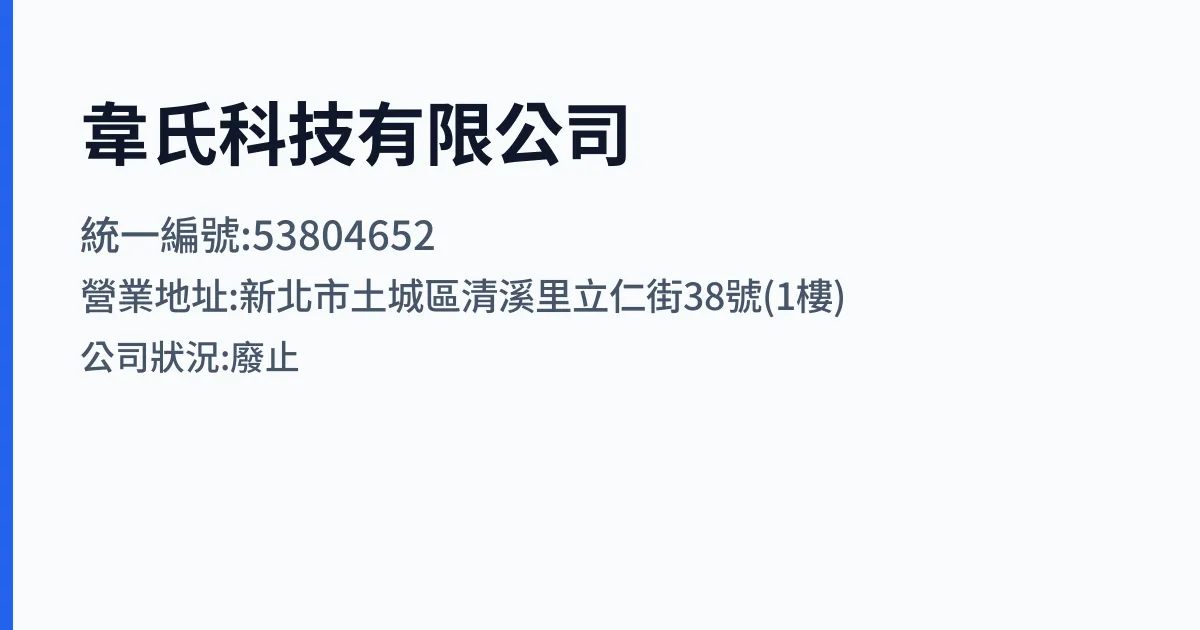 韋氏科技有限公司 - 統編 53804652(新北市) 公司登記資料與營業項目詳細圖表