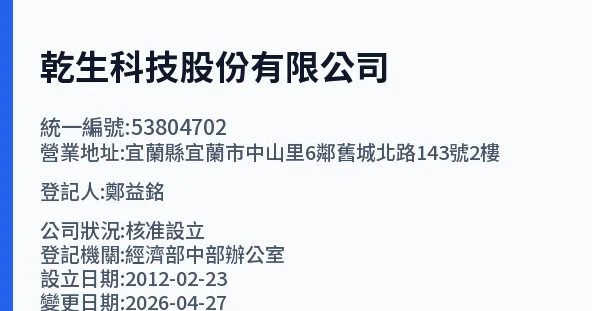 乾生科技股份有限公司的照片-統編 53804702(宜蘭縣) 公司登記資料與營業項目詳細圖表
