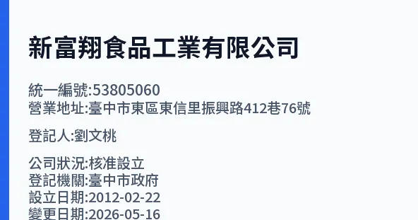 新富翔食品工業有限公司的照片-統編 53805060(臺中市) 公司登記資料與營業項目詳細圖表