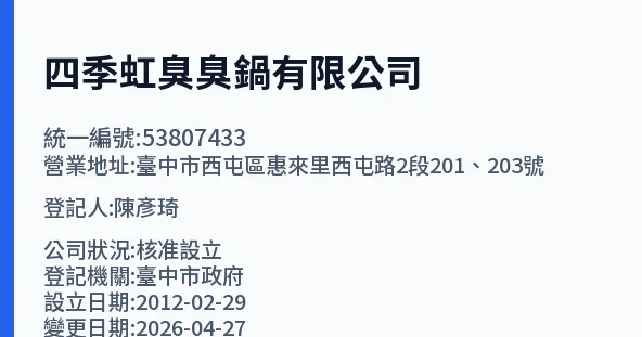 四季虹臭臭鍋有限公司的照片-統編 53807433(臺中市) 公司登記資料與營業項目詳細圖表