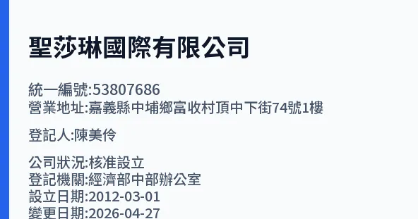 聖莎琳國際有限公司的照片-統編 53807686(嘉義縣) 公司登記資料與營業項目詳細圖表