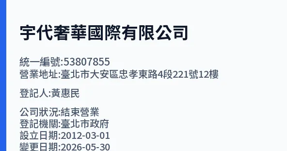 宇代奢華國際有限公司的照片-統編 53807855(臺北市) 公司登記資料與營業項目詳細圖表