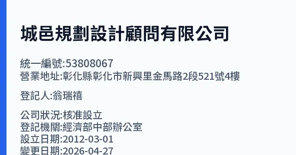 城邑規劃設計顧問有限公司的照片-統編 53808067(彰化縣) 公司登記資料與營業項目詳細圖表