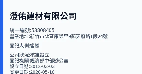 澄佑建材有限公司的照片-統編 53808405(新竹市) 公司登記資料與營業項目詳細圖表