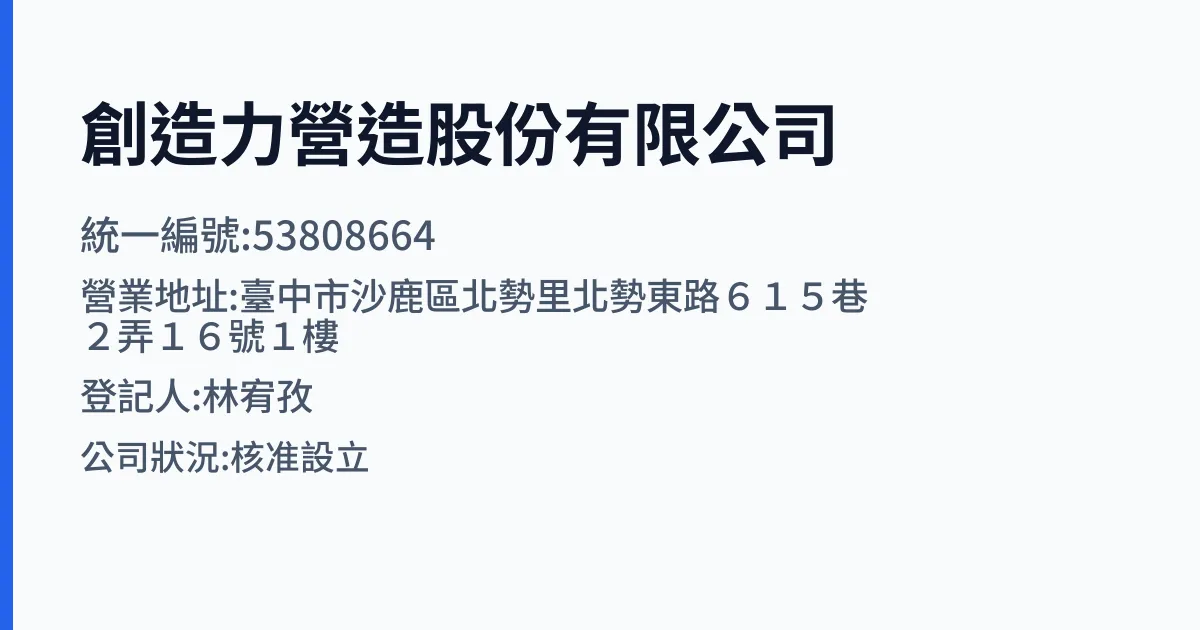 創造力營造股份有限公司 - 統編 53808664(臺中市) 公司登記資料與營業項目詳細圖表