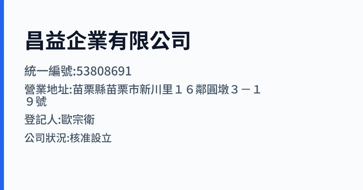 昌益企業有限公司 - 統編 53808691(苗栗縣) 公司登記資料與營業項目詳細圖表