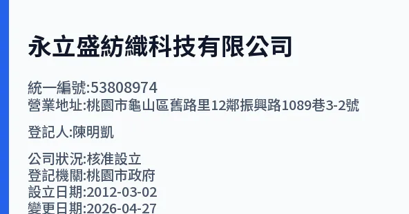 永立盛紡織科技有限公司的照片-統編 53808974(桃園市) 公司登記資料與營業項目詳細圖表