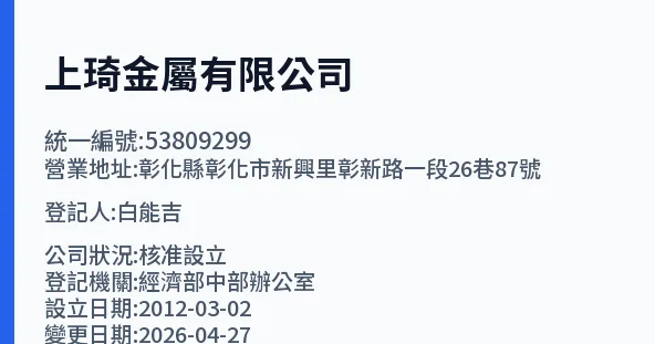 上琦金屬有限公司的照片-統編 53809299(彰化縣) 公司登記資料與營業項目詳細圖表