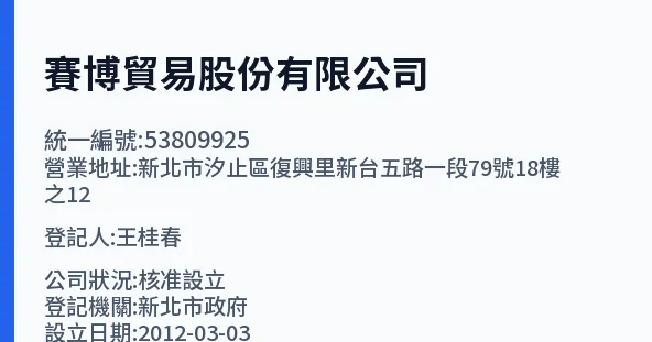 賽博貿易股份有限公司的照片-統編 53809925(新北市) 公司登記資料與營業項目詳細圖表