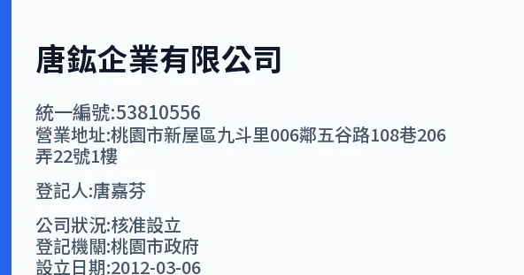 唐鈜企業有限公司的照片-統編 53810556(桃園市) 公司登記資料與營業項目詳細圖表