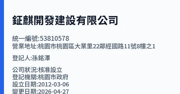 鉦麒開發建設有限公司的照片-統編 53810578(桃園市) 公司登記資料與營業項目詳細圖表