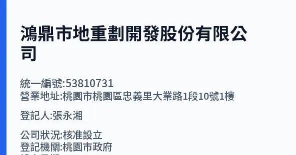 鴻鼎市地重劃開發股份有限公司的照片-統編 53810731(桃園市) 公司登記資料與營業項目詳細圖表