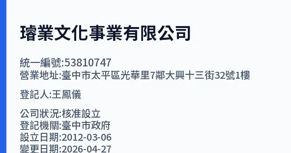 璿業文化事業有限公司的照片-統編 53810747(臺中市) 公司登記資料與營業項目詳細圖表