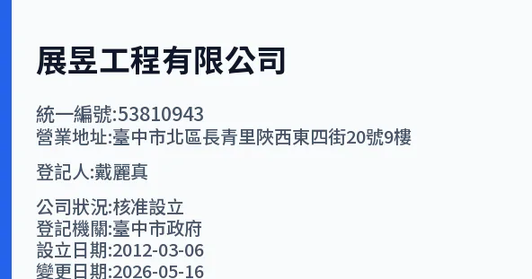 展昱工程有限公司的照片-統編 53810943(臺中市) 公司登記資料與營業項目詳細圖表
