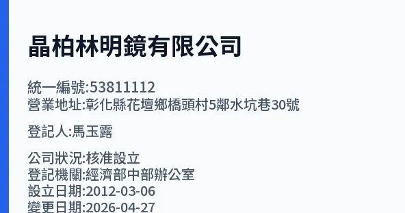 晶柏林明鏡有限公司的照片-統編 53811112(彰化縣) 公司登記資料與營業項目詳細圖表