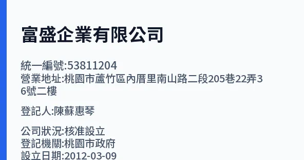 富盛企業有限公司的照片-統編 53811204(桃園市) 公司登記資料與營業項目詳細圖表
