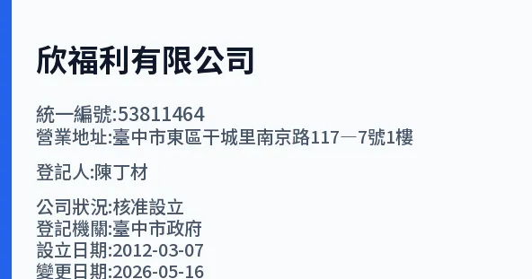 欣福利有限公司的照片-統編 53811464(臺中市) 公司登記資料與營業項目詳細圖表