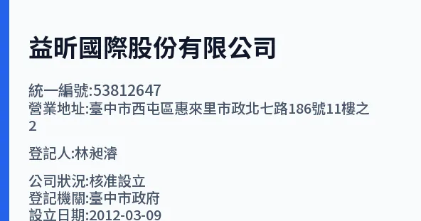益昕國際股份有限公司的照片-統編 53812647(臺中市) 公司登記資料與營業項目詳細圖表