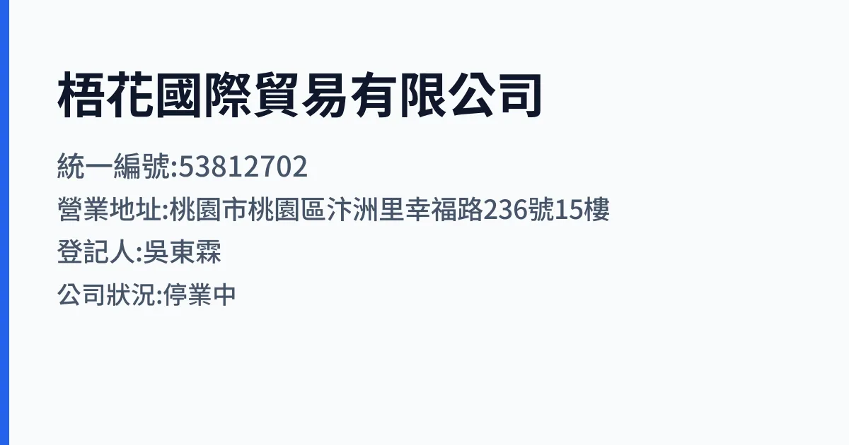 梧花國際貿易有限公司 - 統編 53812702(桃園市) 公司登記資料與營業項目詳細圖表