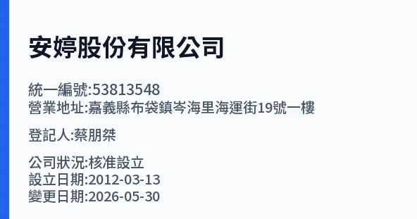 安婷股份有限公司的照片-統編 53813548(嘉義縣) 公司登記資料與營業項目詳細圖表