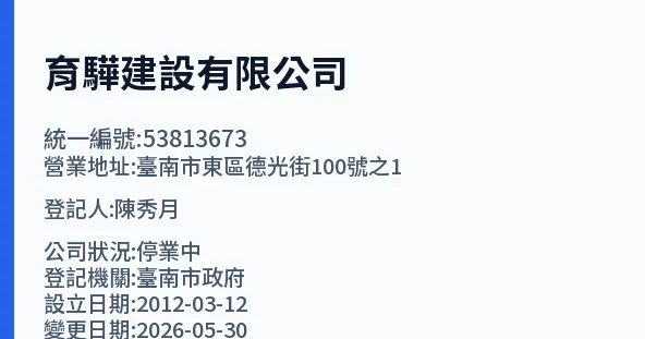育驊建設有限公司的照片-統編 53813673(臺南市) 公司登記資料與營業項目詳細圖表