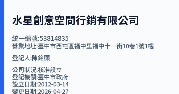 水星創意空間行銷有限公司的照片-統編 53814835(臺中市) 公司登記資料與營業項目詳細圖表