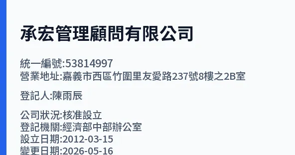 承宏管理顧問有限公司的照片-統編 53814997(嘉義市) 公司登記資料與營業項目詳細圖表