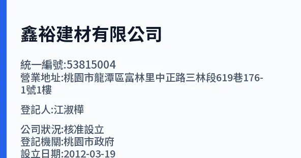 鑫裕建材有限公司的照片-統編 53815004(桃園市) 公司登記資料與營業項目詳細圖表