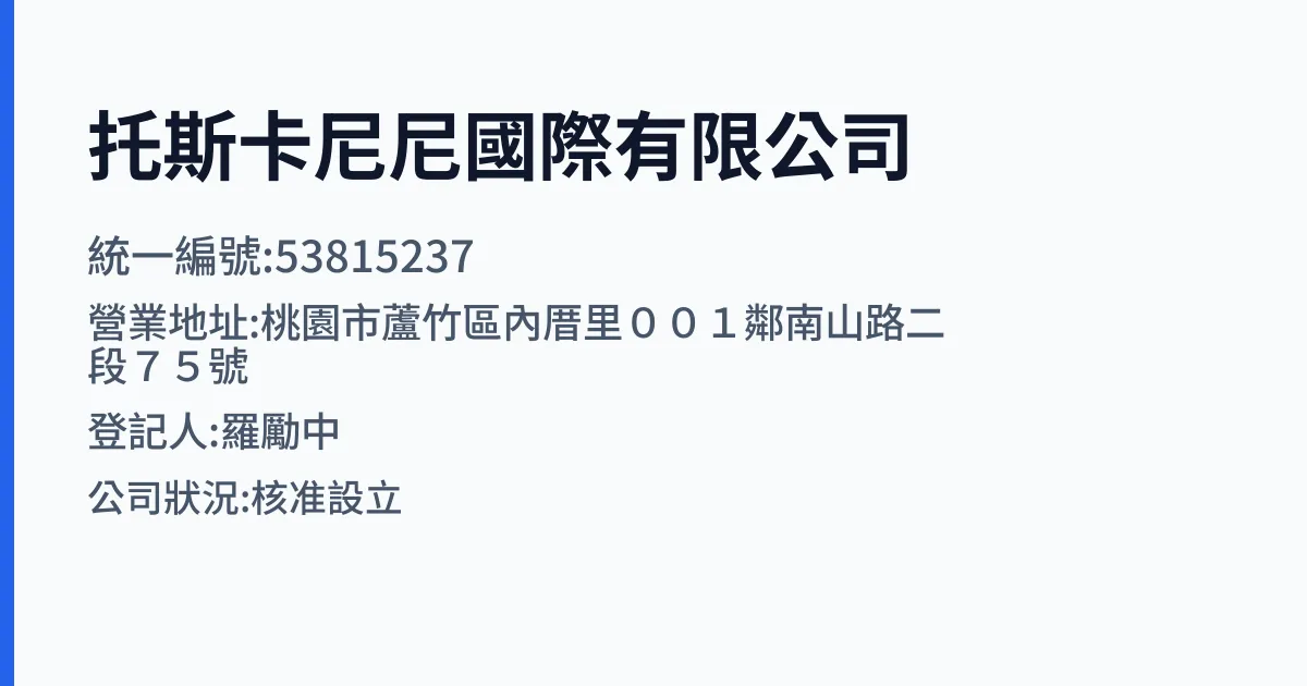 托斯卡尼尼國際有限公司 - 統編 53815237(桃園市) 公司登記資料與營業項目詳細圖表