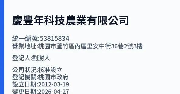 慶豐年科技農業有限公司的照片-統編 53815834(桃園市) 公司登記資料與營業項目詳細圖表