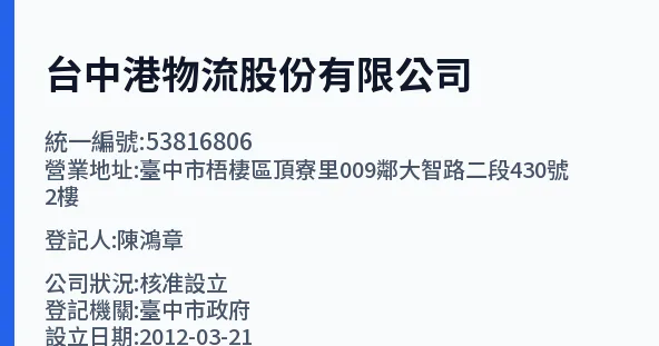 台中港物流股份有限公司的照片-統編 53816806(臺中市) 公司登記資料與營業項目詳細圖表