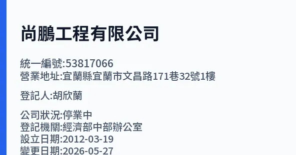 尚鵬工程有限公司的照片-統編 53817066(宜蘭縣) 公司登記資料與營業項目詳細圖表