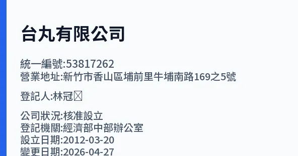 台丸有限公司的照片-統編 53817262(新竹市) 公司登記資料與營業項目詳細圖表