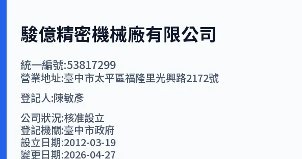 駿億精密機械廠有限公司的照片-統編 53817299(臺中市) 公司登記資料與營業項目詳細圖表
