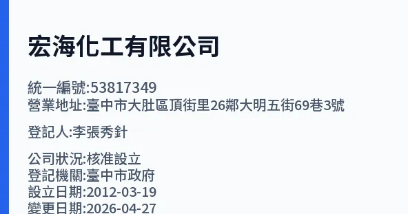 宏海化工有限公司的照片-統編 53817349(臺中市) 公司登記資料與營業項目詳細圖表