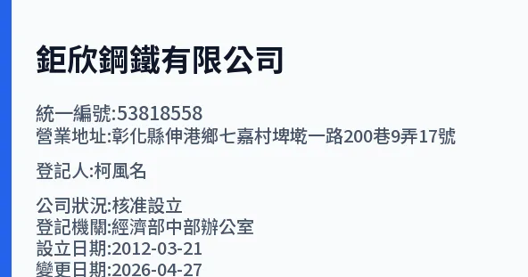 鉅欣鋼鐵有限公司的照片-統編 53818558(彰化縣) 公司登記資料與營業項目詳細圖表